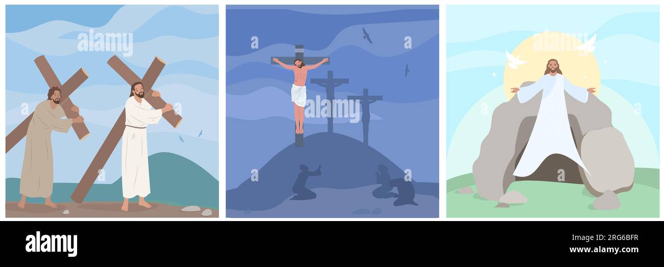 Jesus christ crucifixion resurrection way to golgotha flat set isolated vector illustration ...