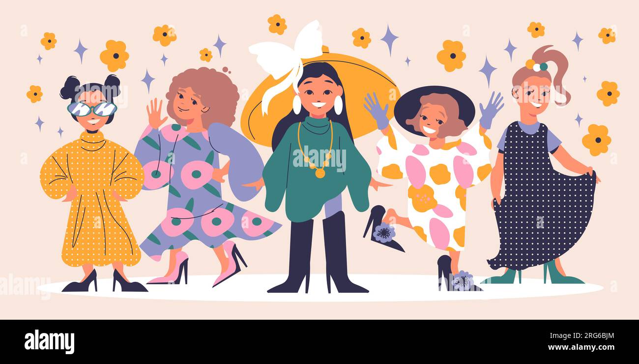 Kids dress up flat composition with girls try on oversized clothes ...