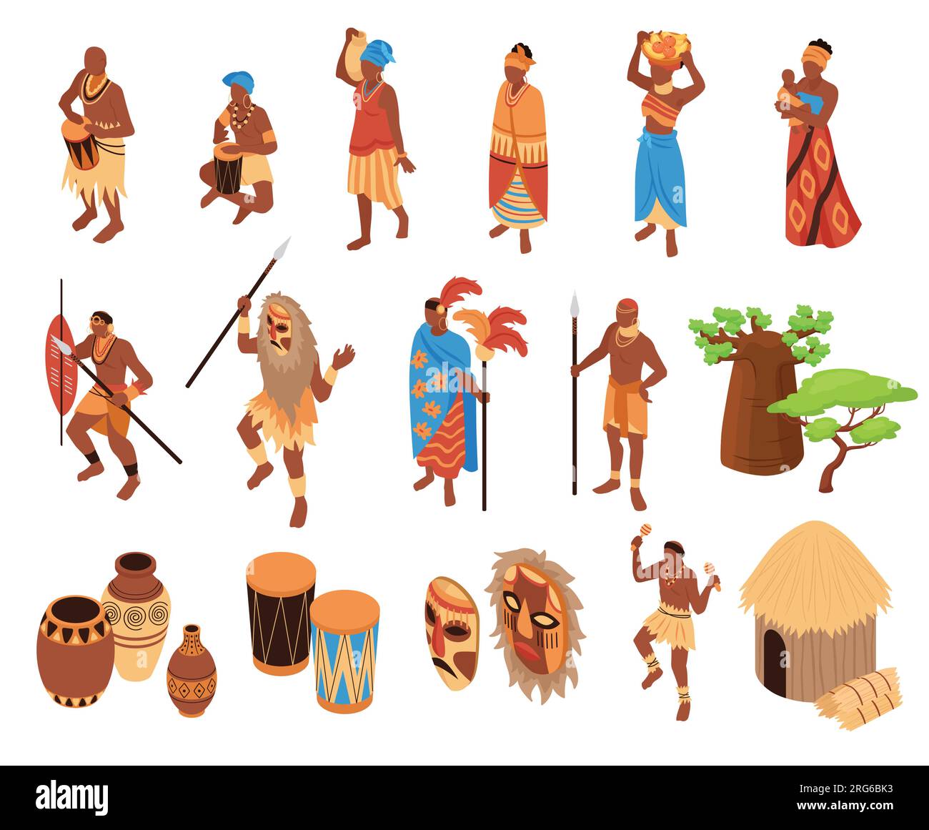 Isometric tribe ethnic african people set with isolated icons of black ...