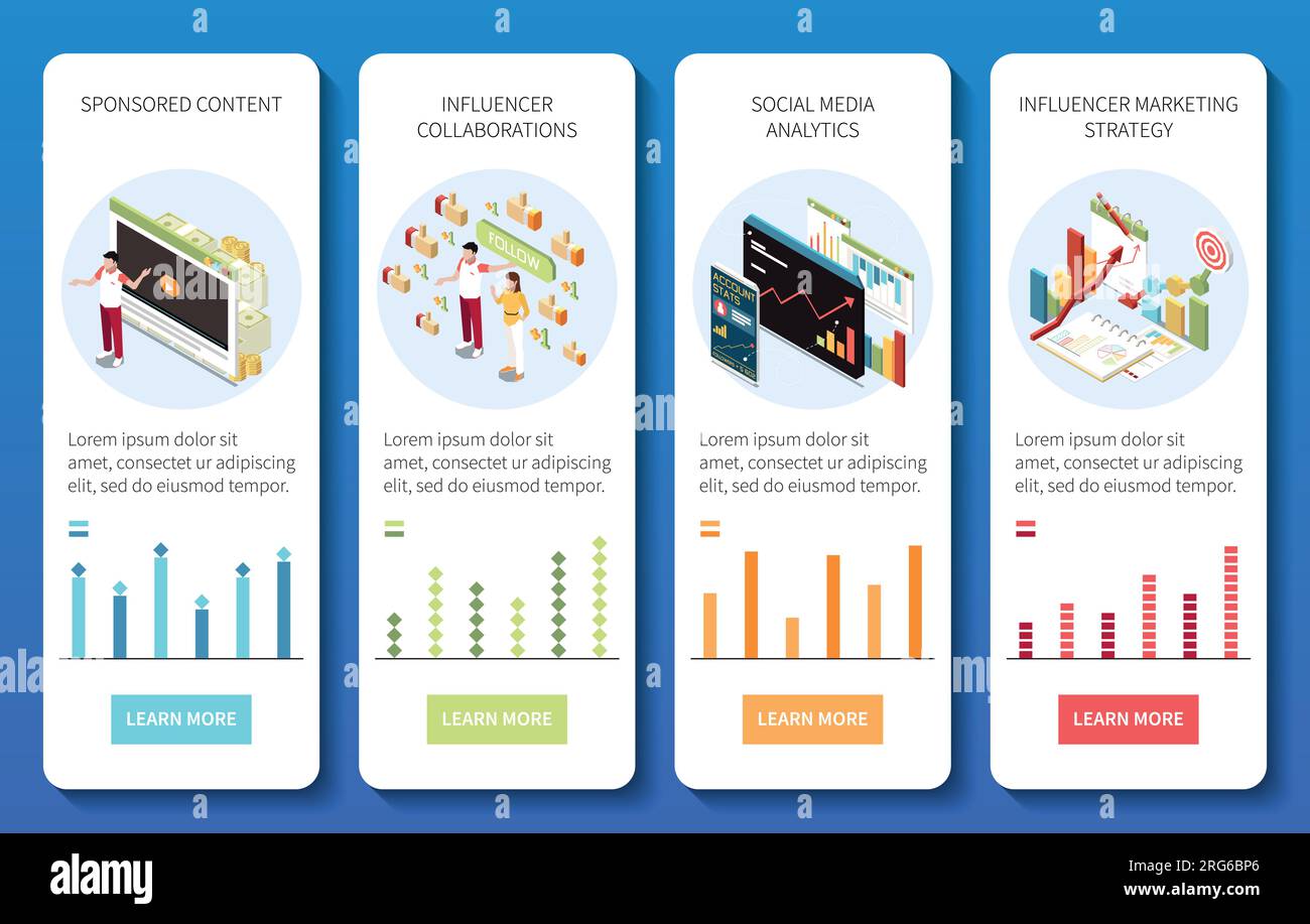 Influencer marketing set of vertical banners with isometric images of ...