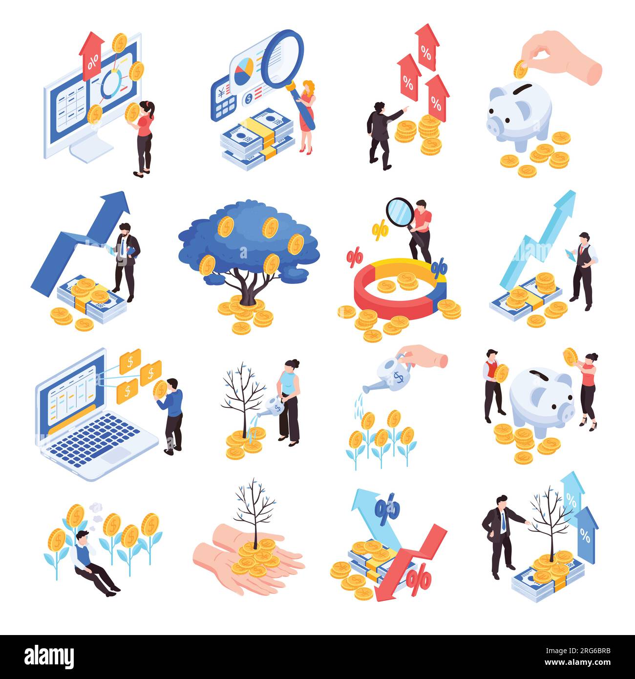 Isometric finance set of isolated icons with human characters coins ...