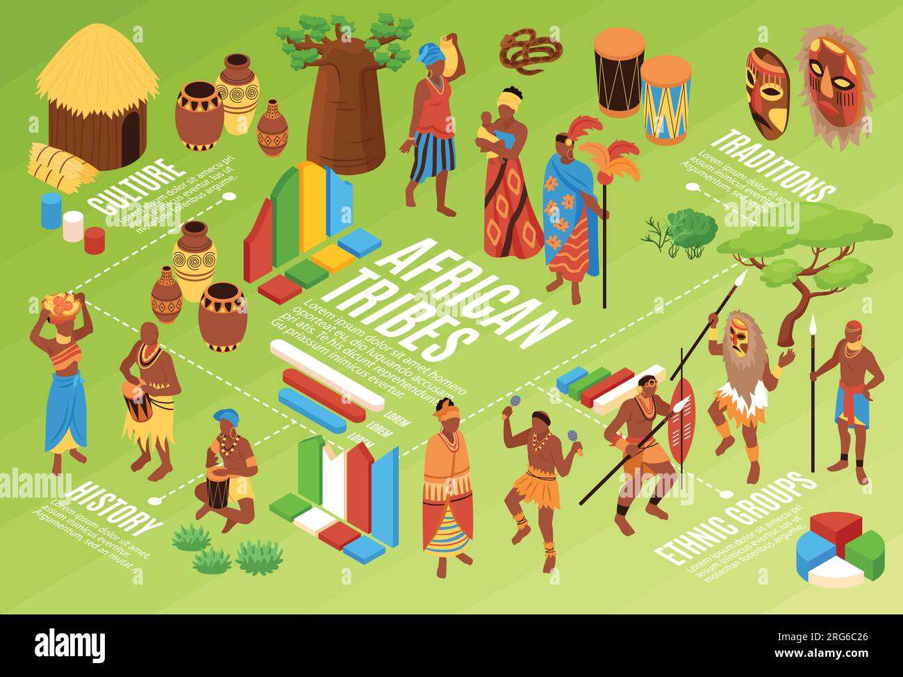 Isometric african people horizontal composition with bar chart elements ...