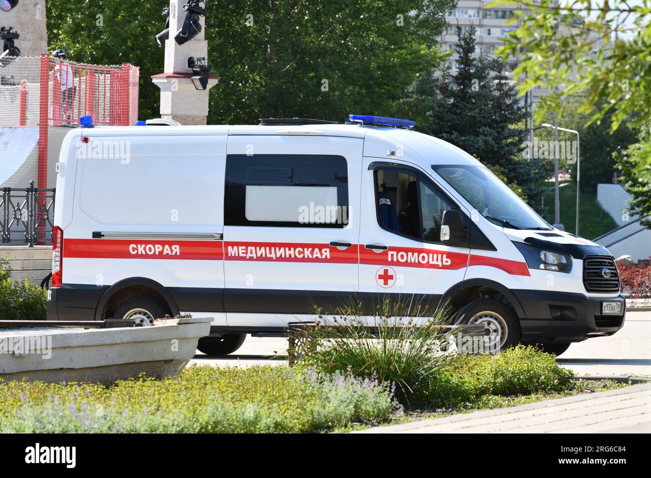 Moscow, Russia - Aug 04. 2023. An ambulance - writing on side of the ...