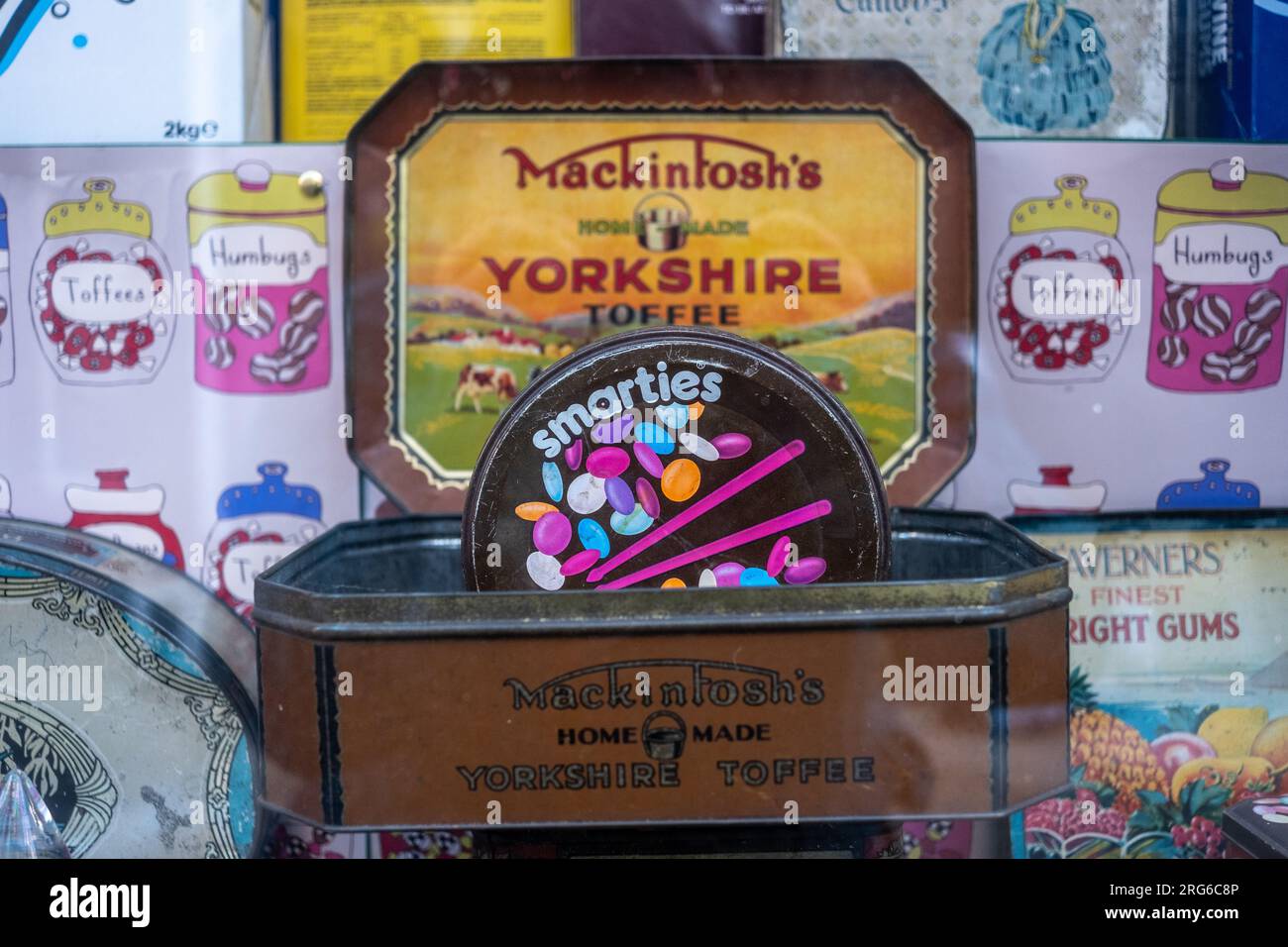Old Fashioned vintage Smarties Sweet Tin on sweet shop display with ...