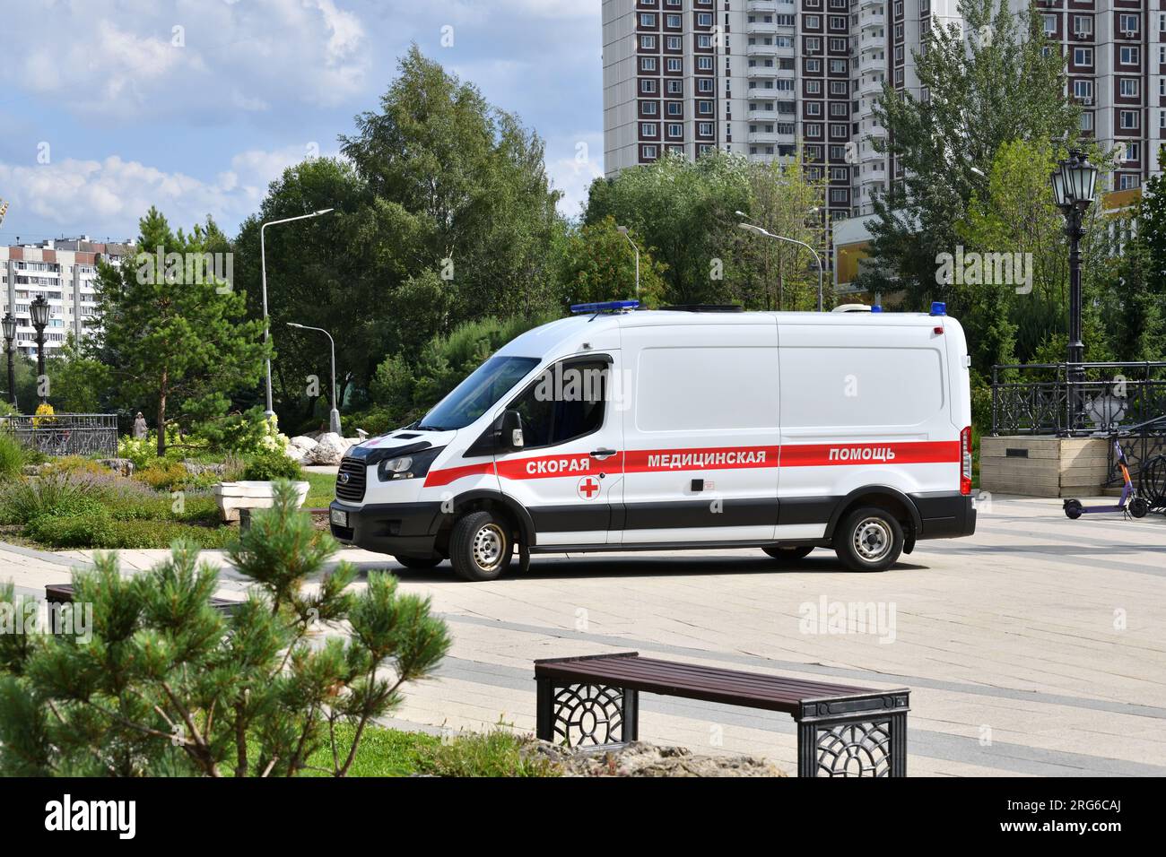 Moscow, Russia - Aug 04. 2023. An ambulance - writing on side of the ...