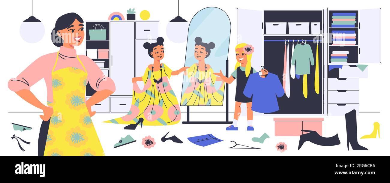 Kids dress up flat composition with little girl trying mom clothes ...