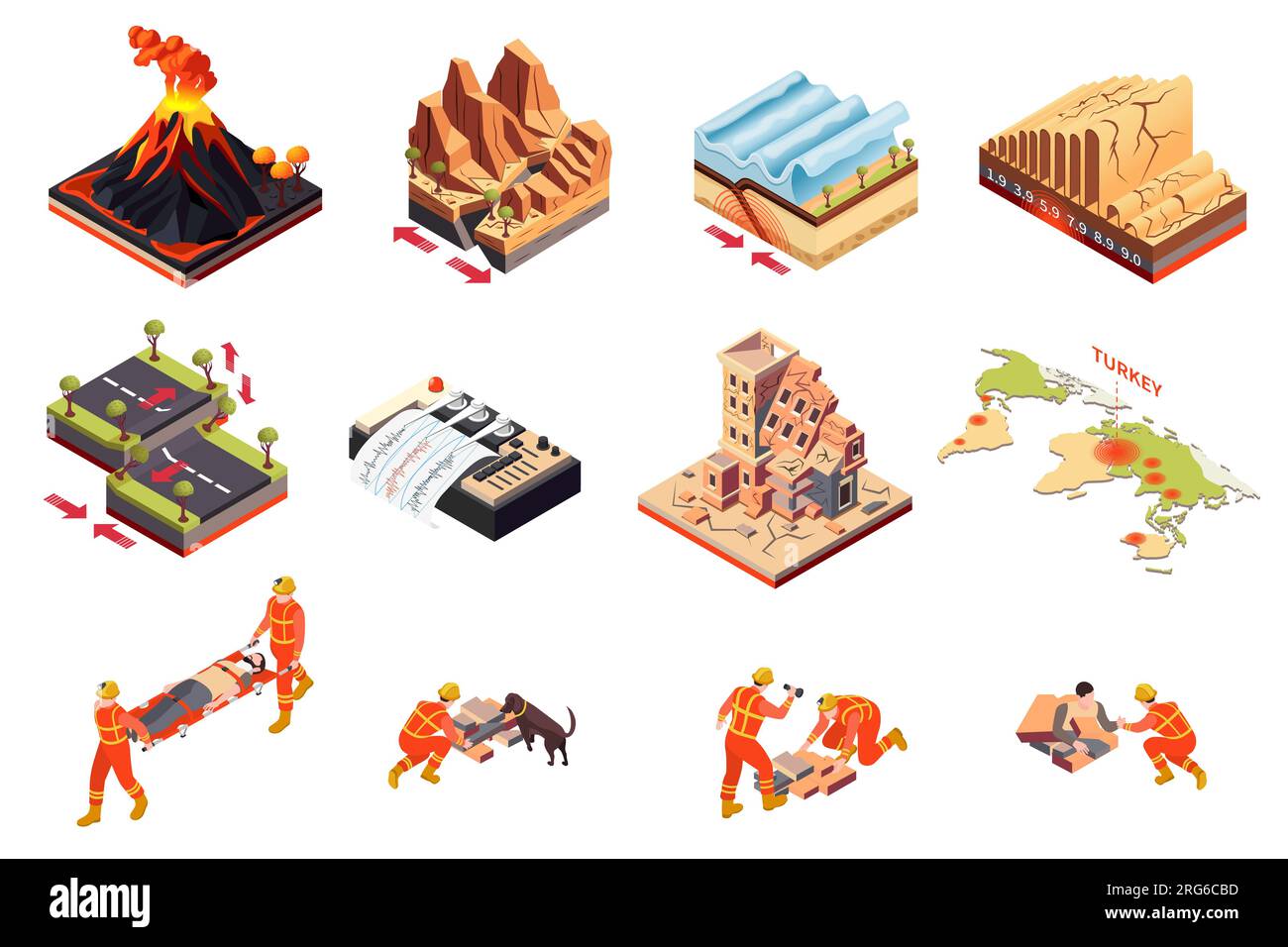 Earthquake disaster set with volcanic eruption and tsunami symbols ...