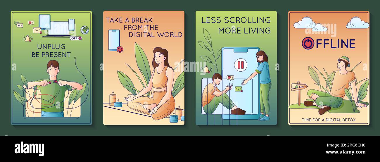 Digital detoxing flat line set of vertical compositions with cartoon ...