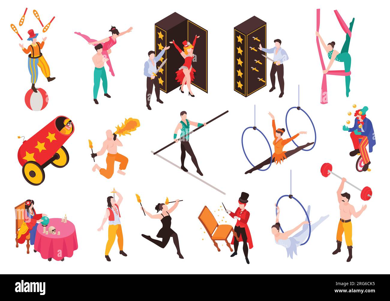 Isometric circus set with isolated icons of props with characters of ...