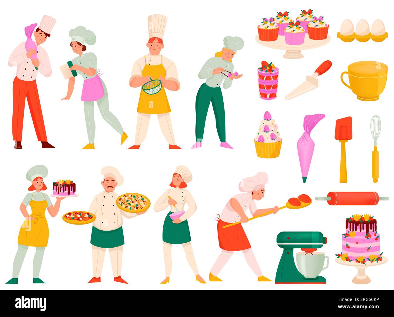 Confectioner chefs cookers set of isolated icons with cupcakes whisk ... Confectioner chefs cookers set of isolated icons with cupcakes whisk ...