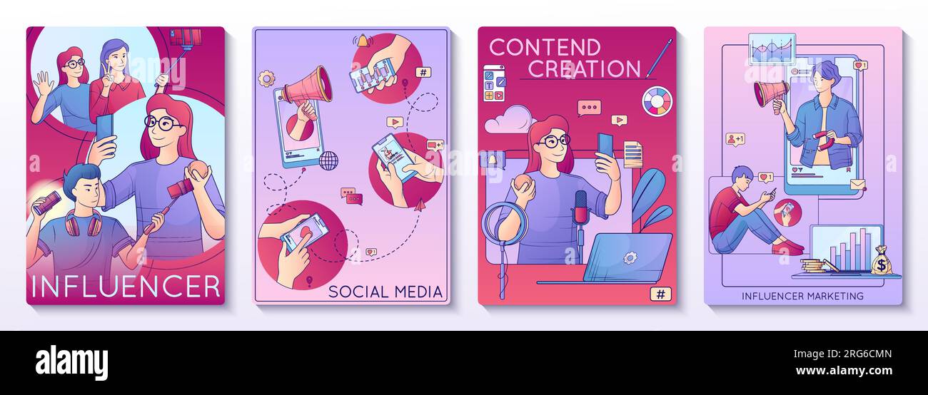 Influencer marketing flat line set of vertical compositions with ...