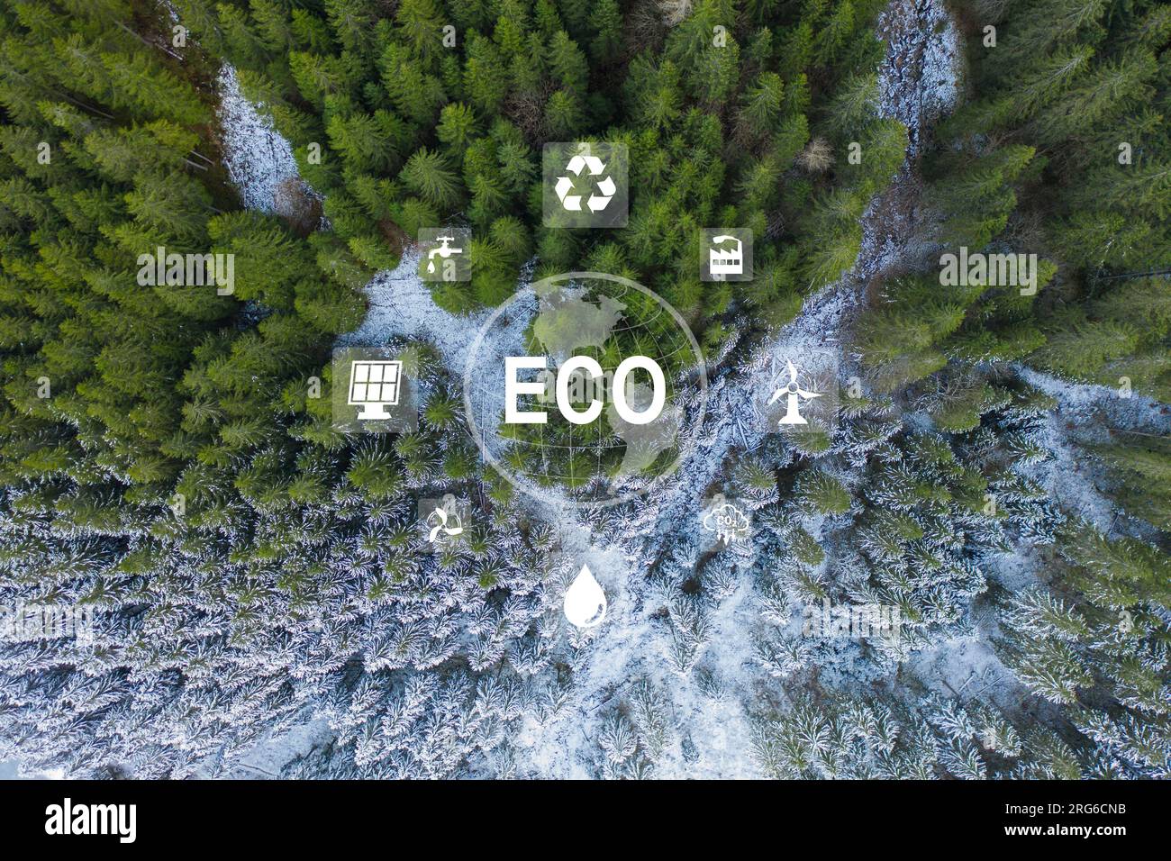 icon reduce CO2 emission concept on the top view of the forest for ...