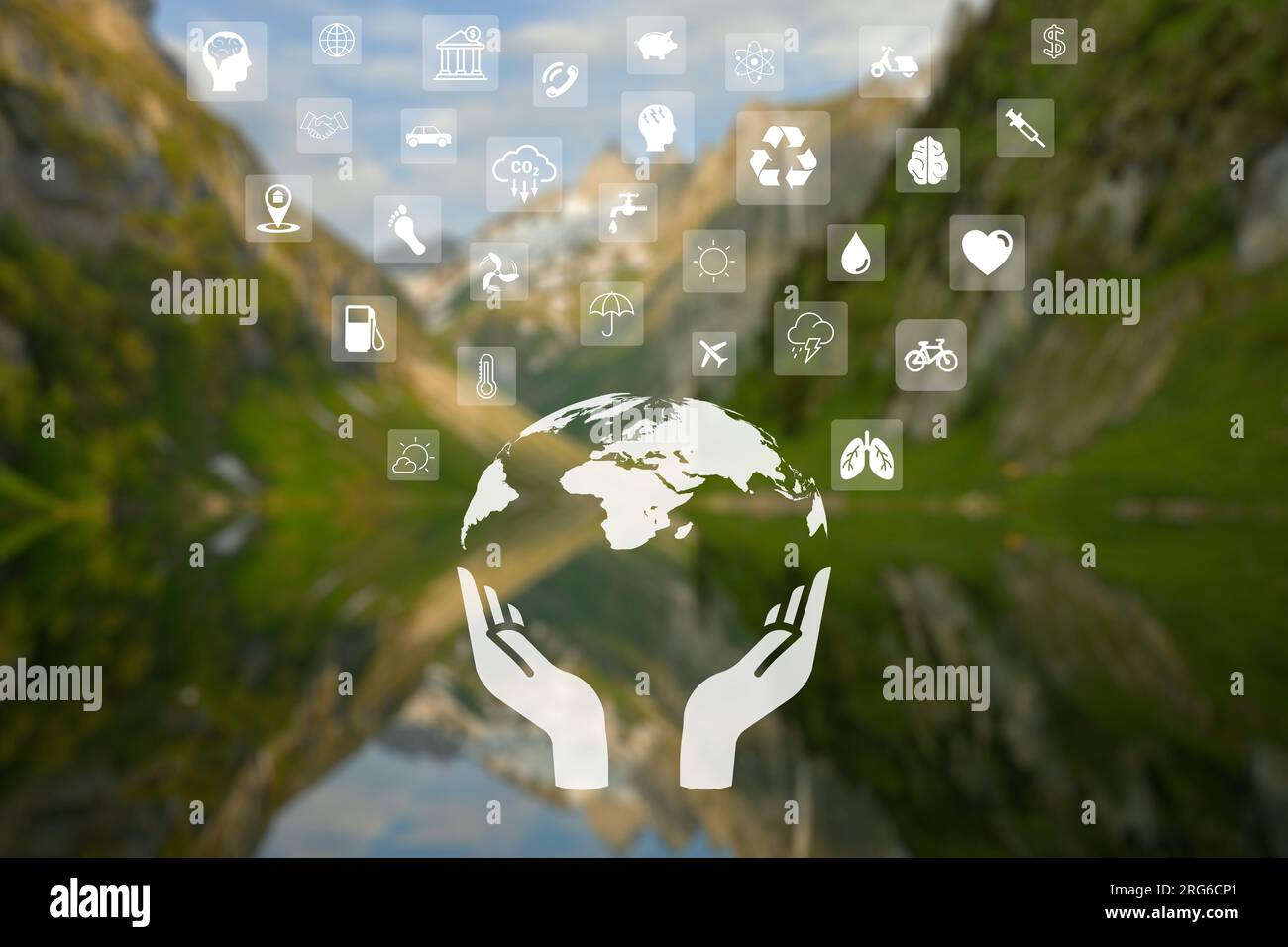 icon reduce CO2 emission concept on the top view of the forest for ...