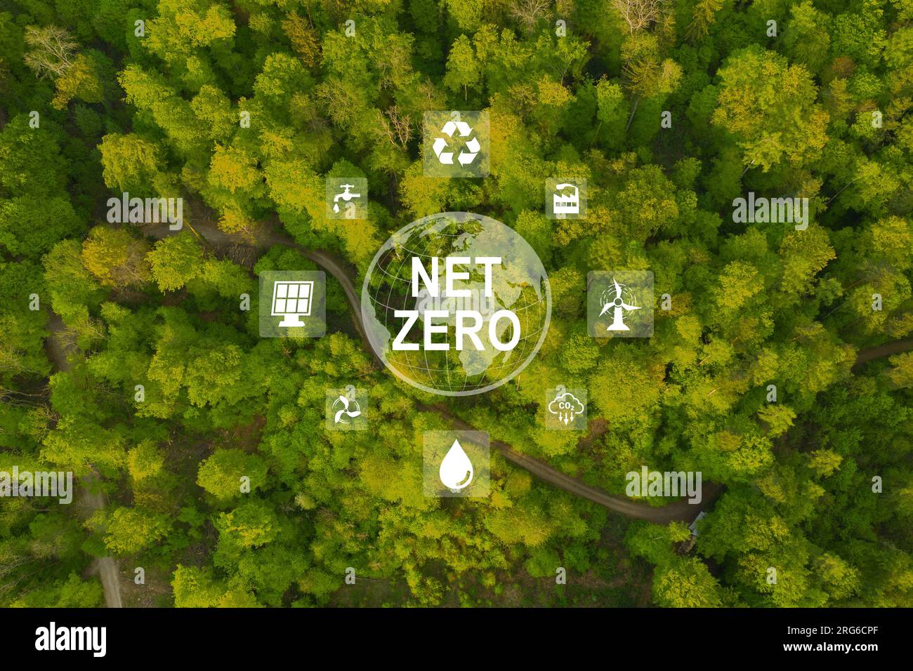 icon reduce CO2 emission concept on the top view of the forest for ...