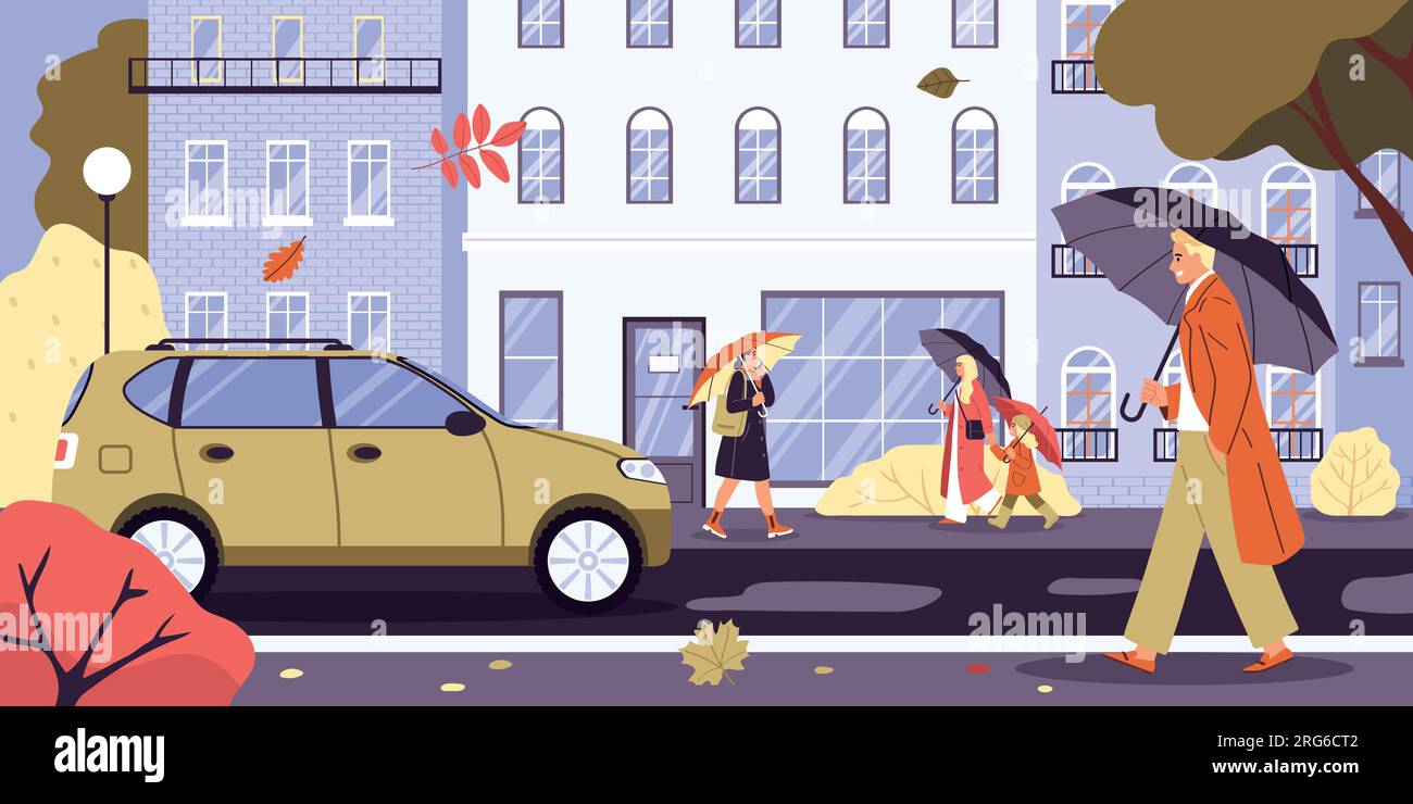 Autumn and fall background with city walk symbols flat vector ...