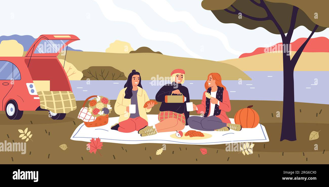 Autumn pastime background with picnic symbols flat vector illsutration ...