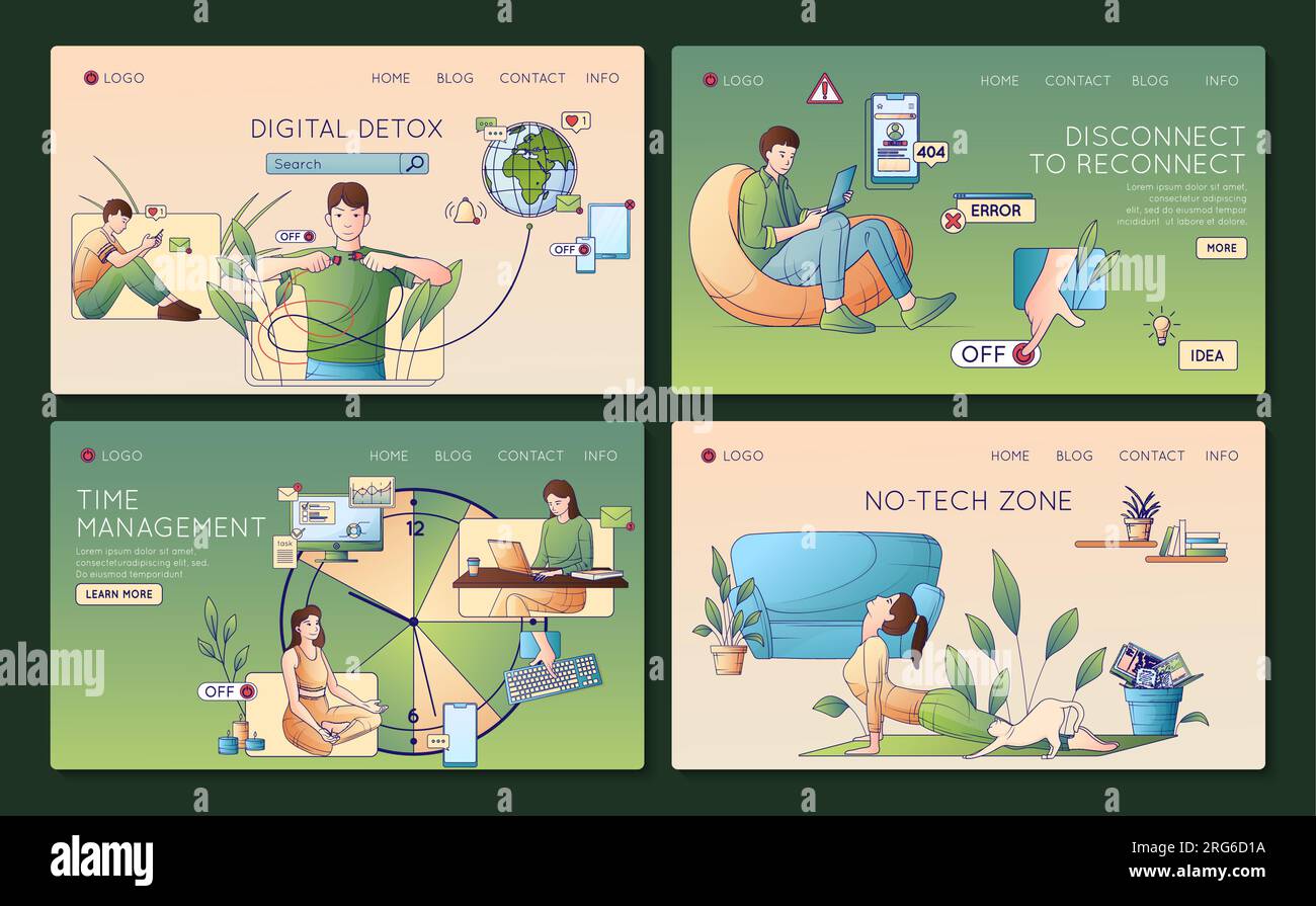 Digital detoxing flat line set of web site landing pages with cartoon ...