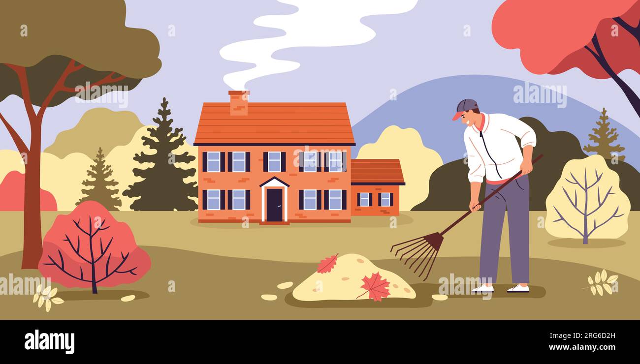 Autumn and fall background with country house symbols flat vector ...