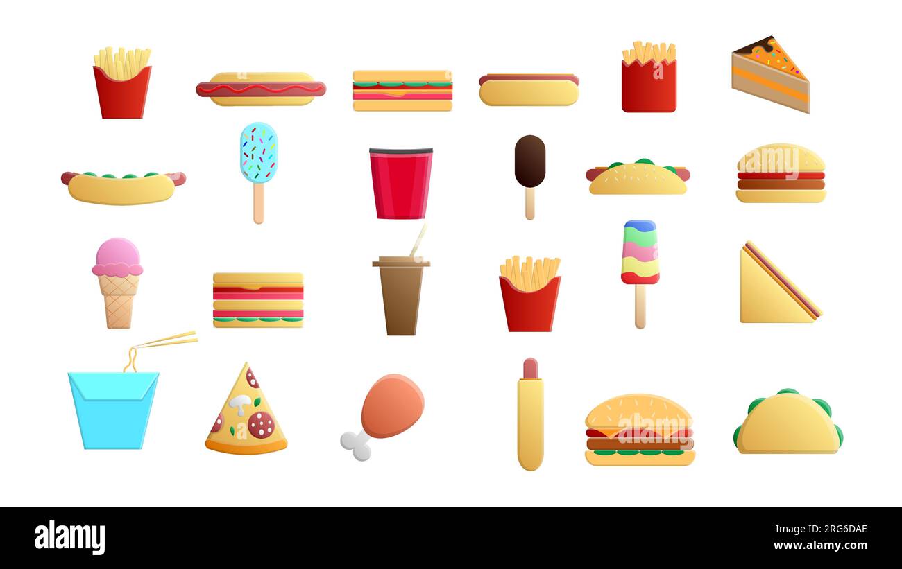 Set of 28 icons of delicious food and snacks items for a cafe bar ...