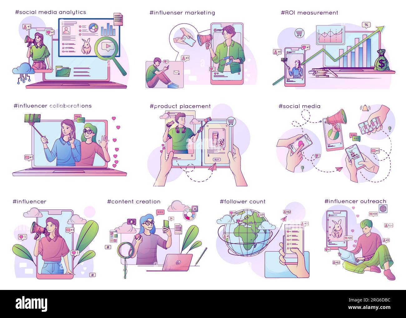 Influencer marketing flat line set of isolated compositions with text ...