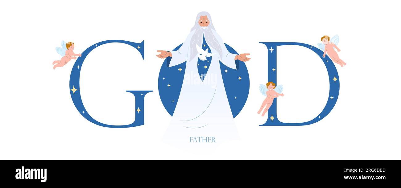 God father composition of flat text and starry sky with flying angels ...