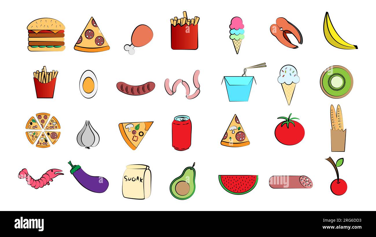 A set of 28 icons of delicious food and snacks items for a restaurant ...