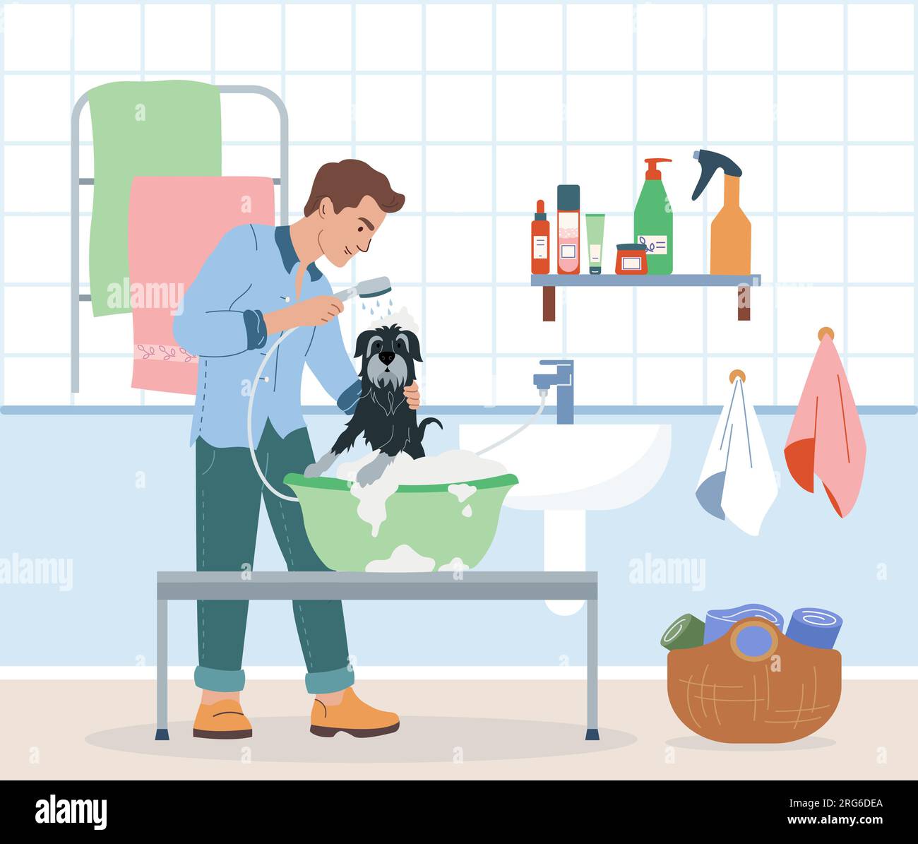 Dog grooming background with schnauzer style symbols flat vector ...