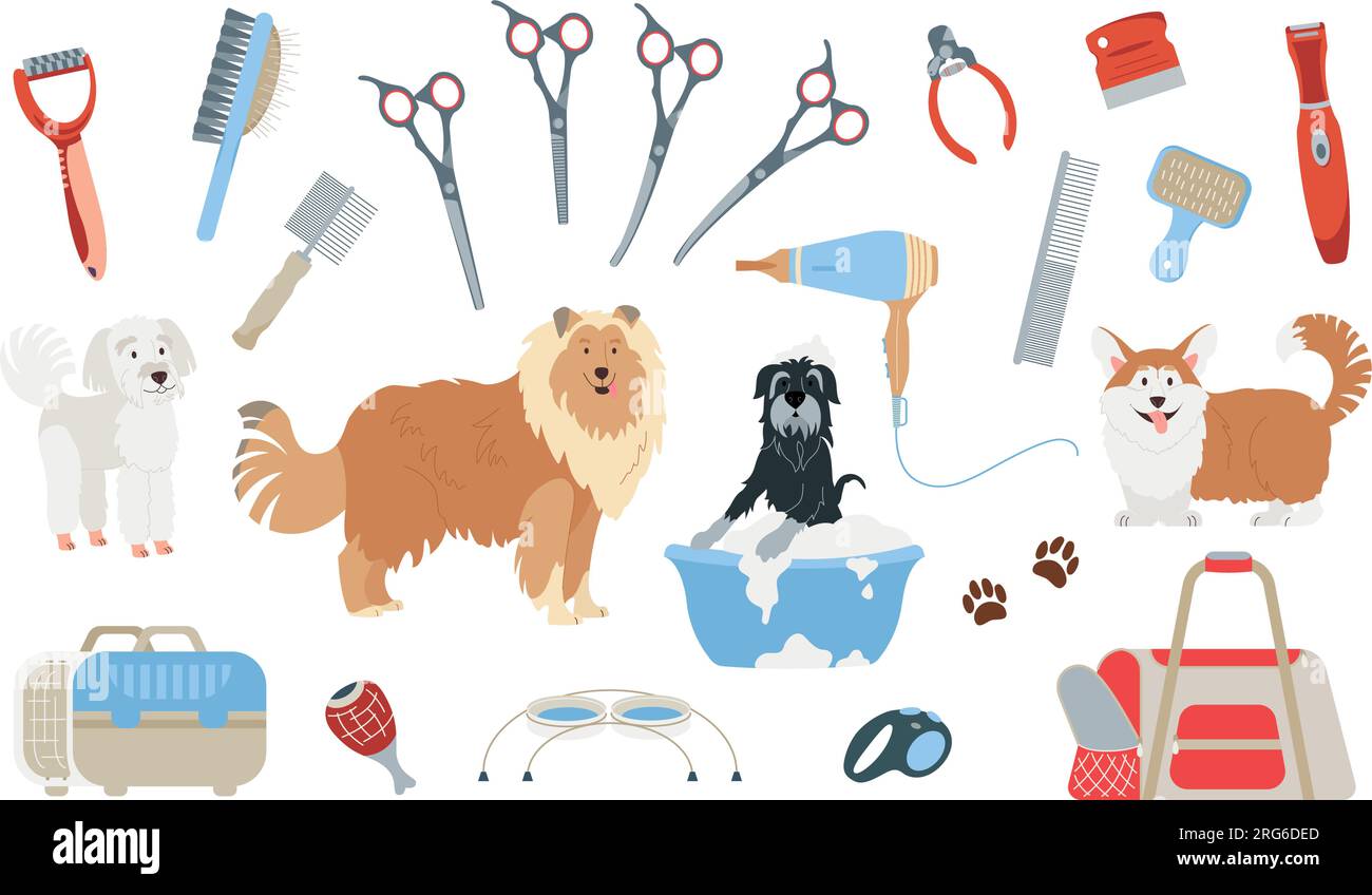 Dog grooming icons set with barber style symbols flat isolated vector ...