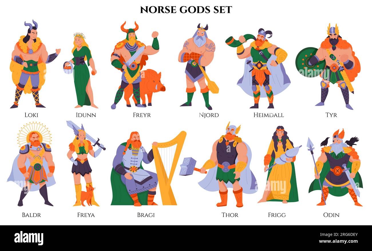 Norse gods set with isolated cartoon style characters of mythical gods ...