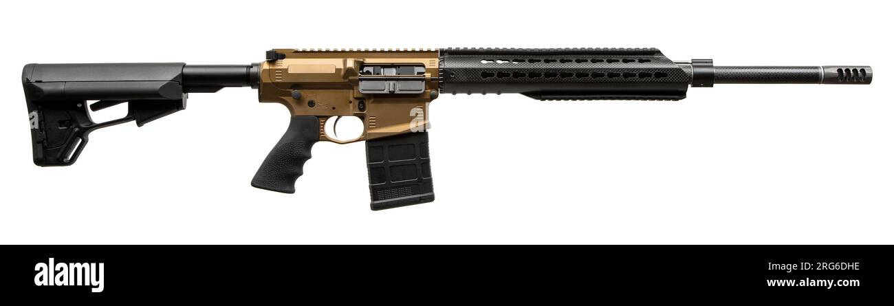 Modern automatic rifle isolated on white background. A gold-coloured ...