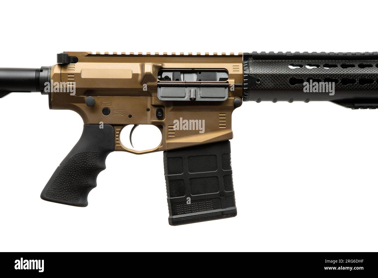 Modern automatic rifle isolated on white background. A gold-coloured ...