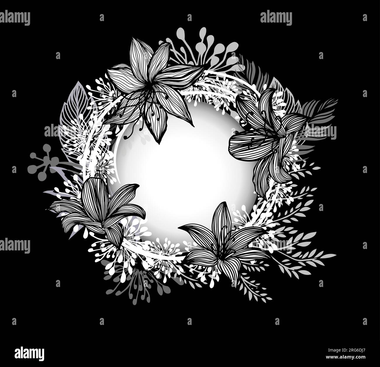 Round monochrome graphic frame with flowers. Vector illustration Stock ...