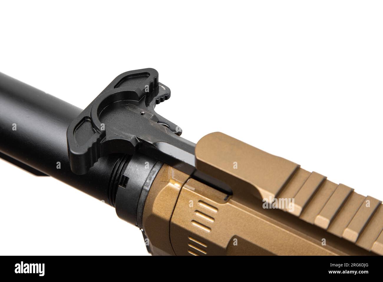 Modern automatic rifle isolated on white background. A gold-coloured ...