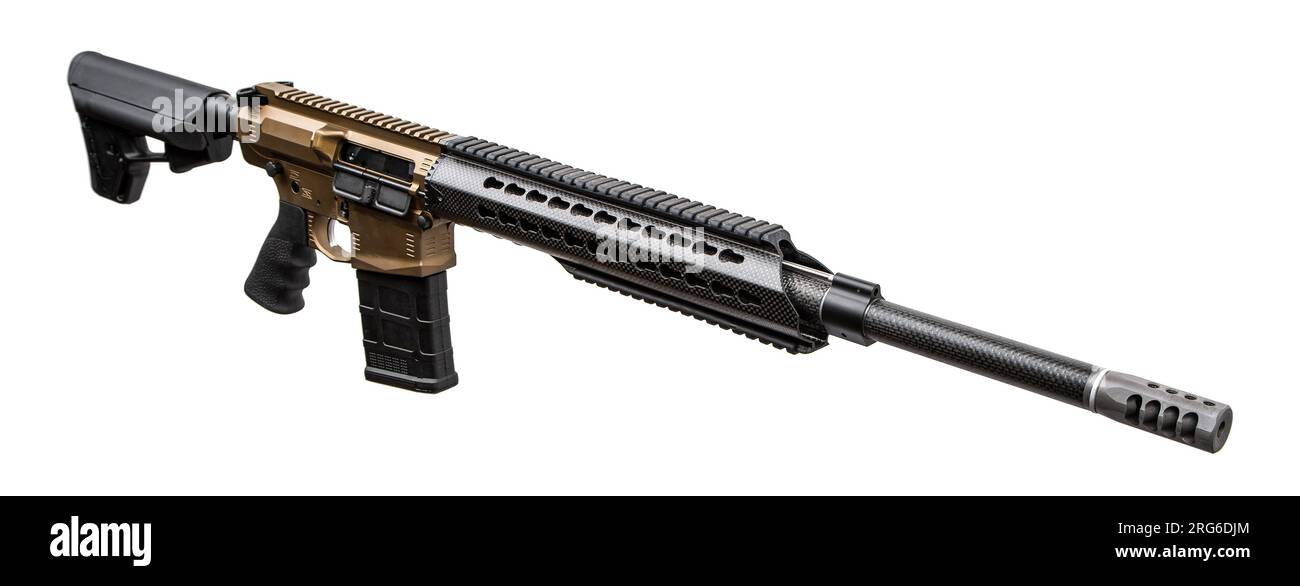 Modern automatic rifle isolated on white background. A gold-coloured ...