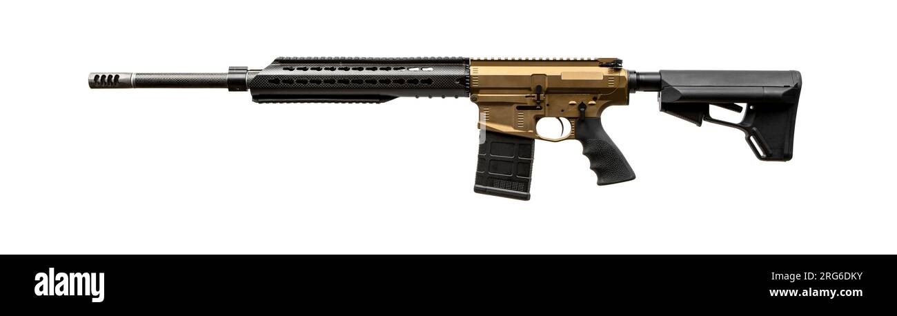 Modern automatic rifle isolated on white background. A gold-coloured ...