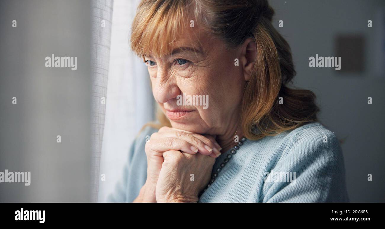 Depression, thinking and senior woman at home with mourning and memory ...