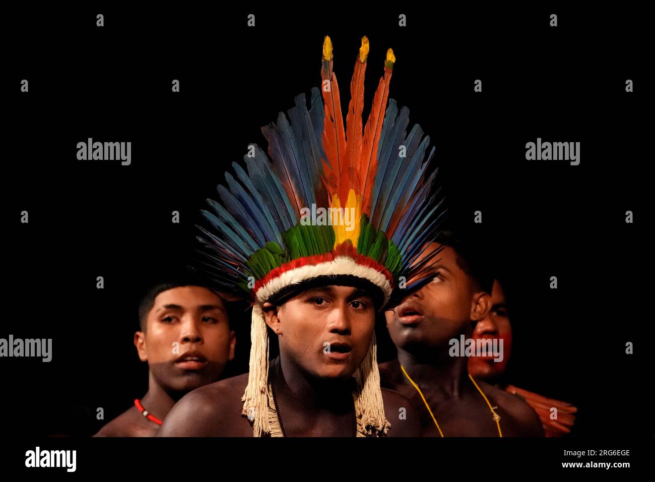 Tembe Indigenous dancers perform at the start of a ceremony presenting ...