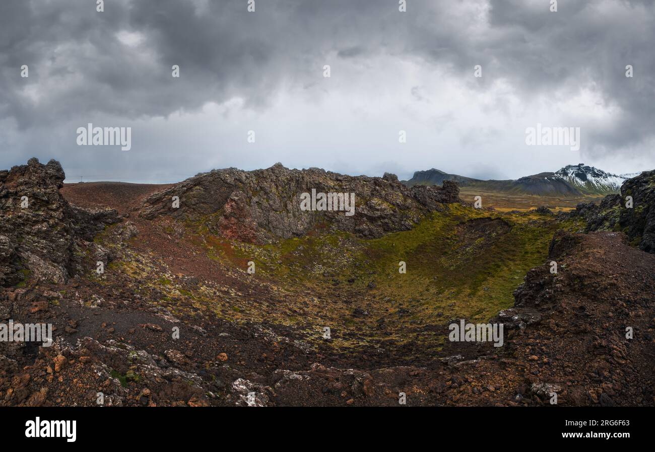 Spectacular volcanic view from Saxholl Crater, Snaefellsnes peninsula ...