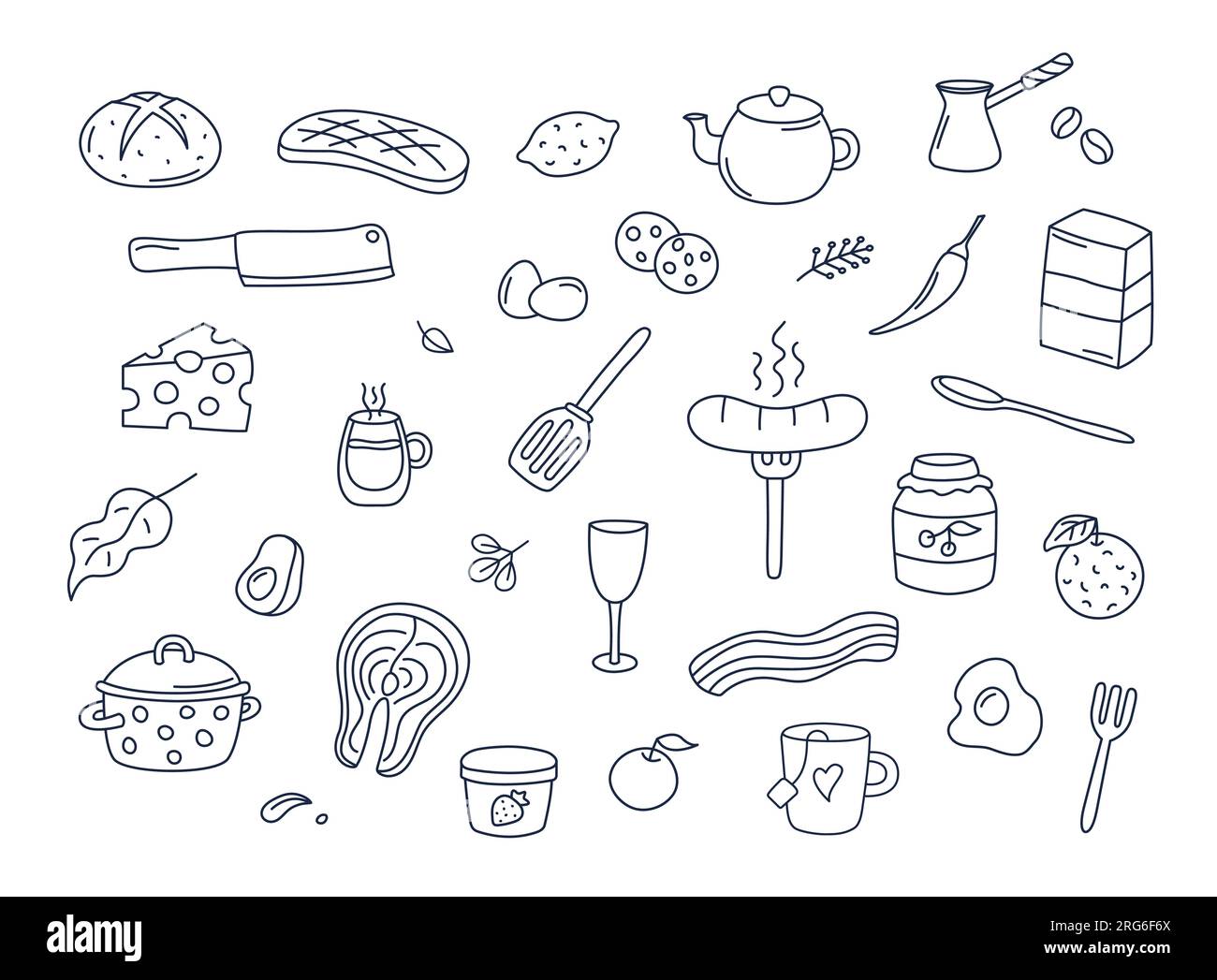 Cooking doodles vector set of isolated elements. Cute doodle ...