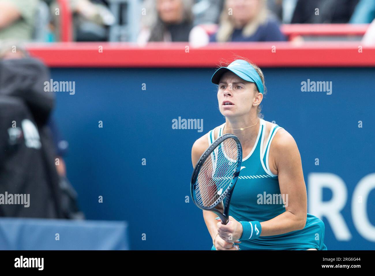 August 07, 2023: Magda Linette (POL) waits on a serve during the WTA ...