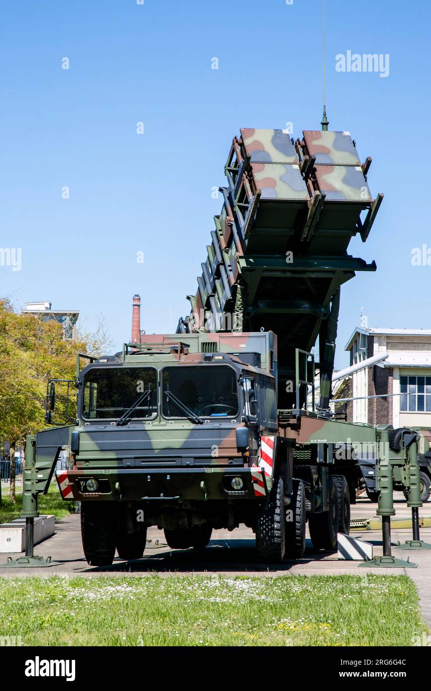 A MIM-104 Patriot anti-aircraft missile system mounted on a truck of ...