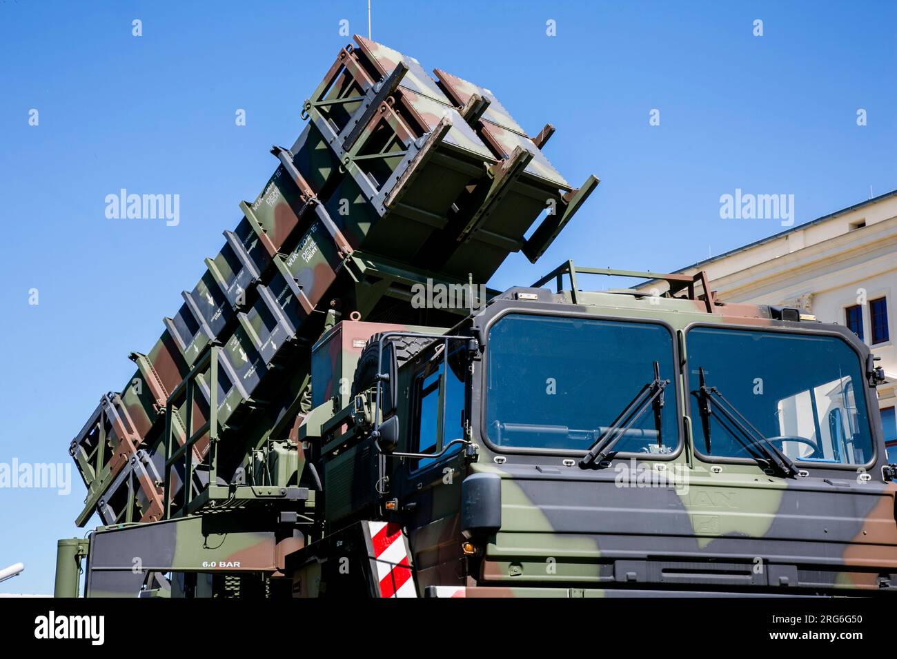 A MIM-104 Patriot anti-aircraft missile system mounted on a truck of ...