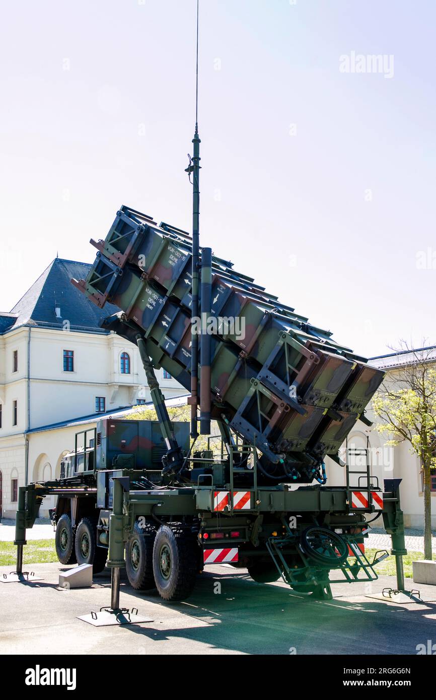 A MIM-104 Patriot anti-aircraft missile system mounted on a truck of ...
