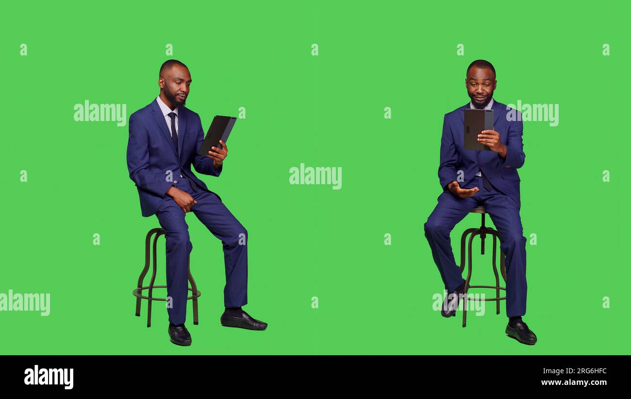 Business manager talking on online videoconference call sitting on ...