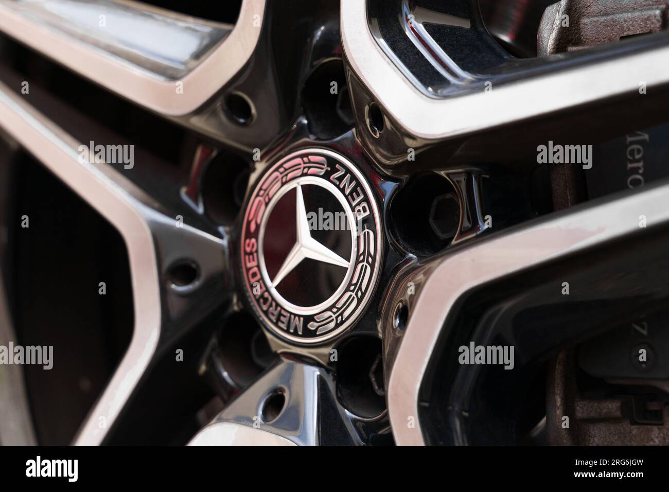 Barcelona, Spain, May 8, 2023: Close-up of the Mercedes logo on the ...