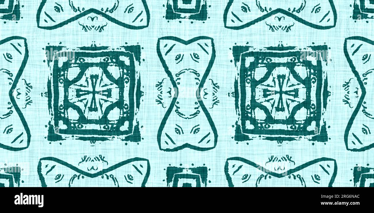 Teal green white vibrant watercolor batik azulejos tile border banner ...
