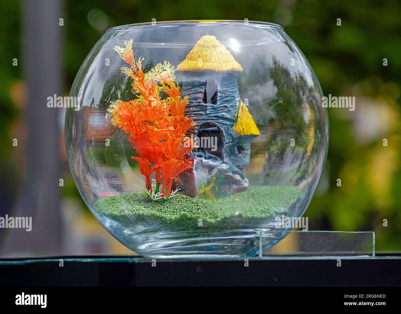 Decorative castle in clean water with red corals inside fish tank Stock ...