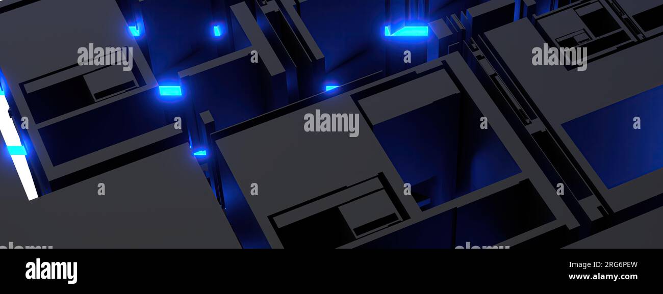 A cyberpunk diagonal running line and building-like glowing with a blue ...