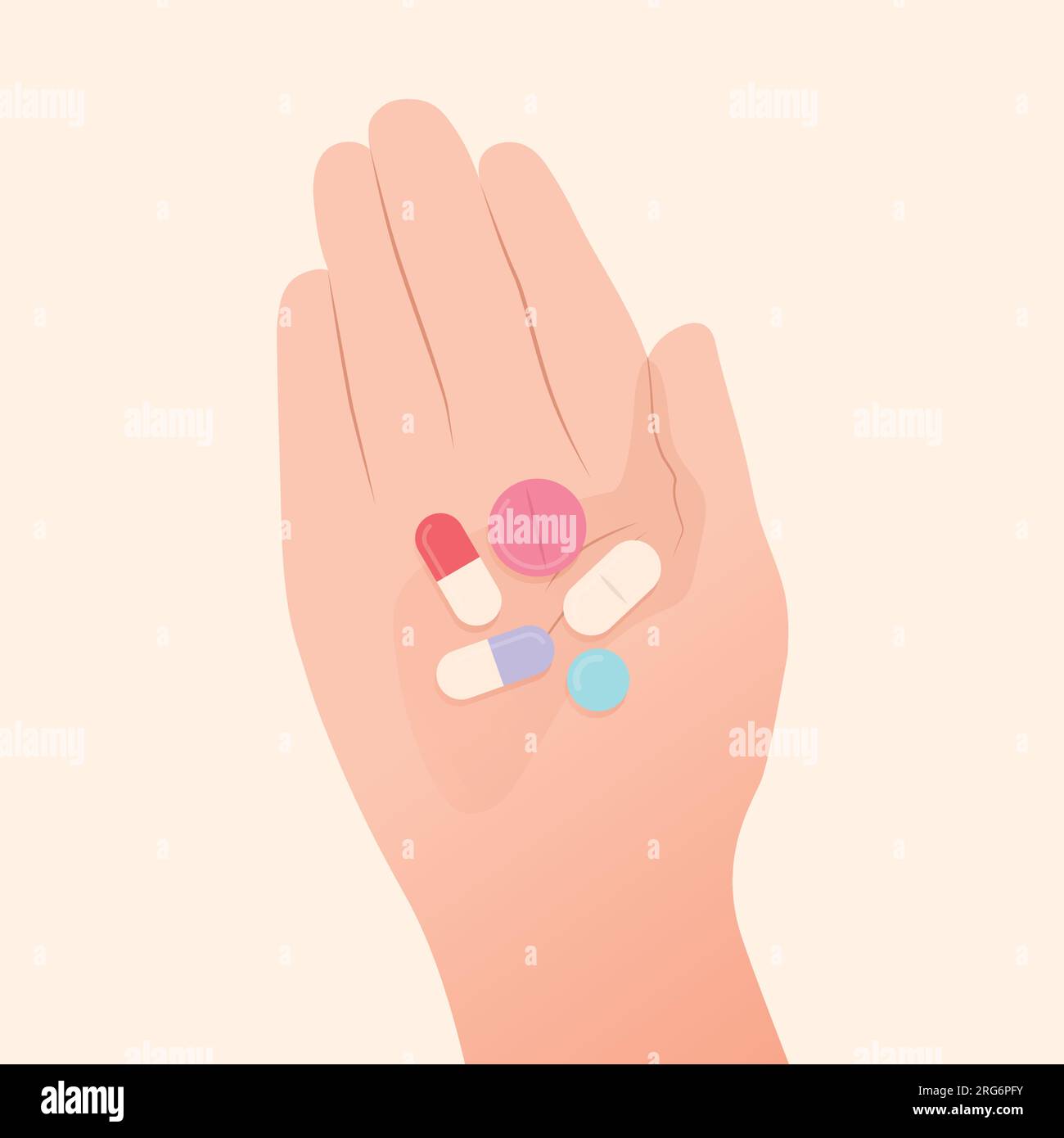 hand holding many pills, vitamins, sumplements - vector illustration ...