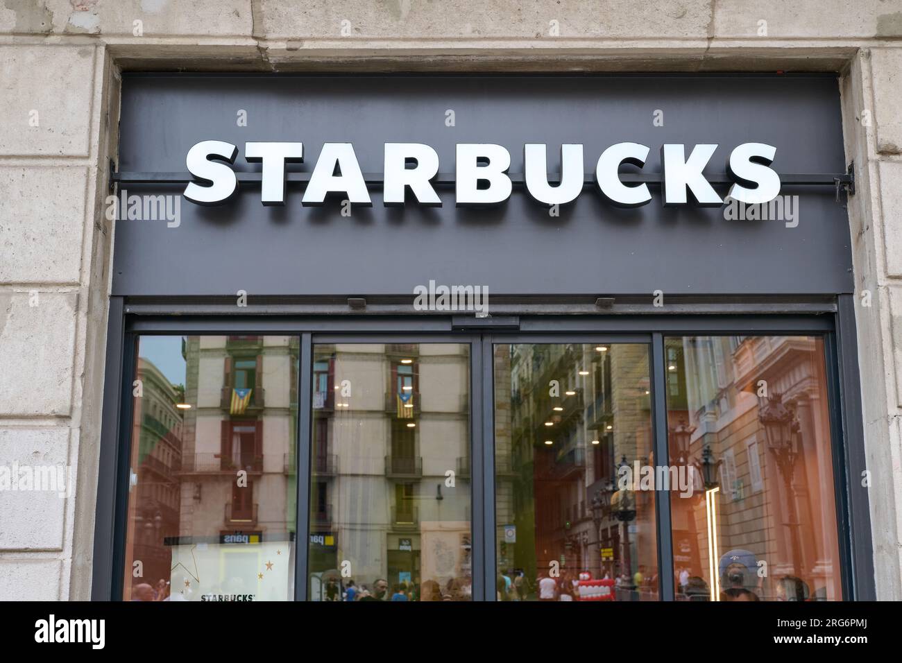 04.08.2023. Barcelona, Spain, starbucks sign outside the ...